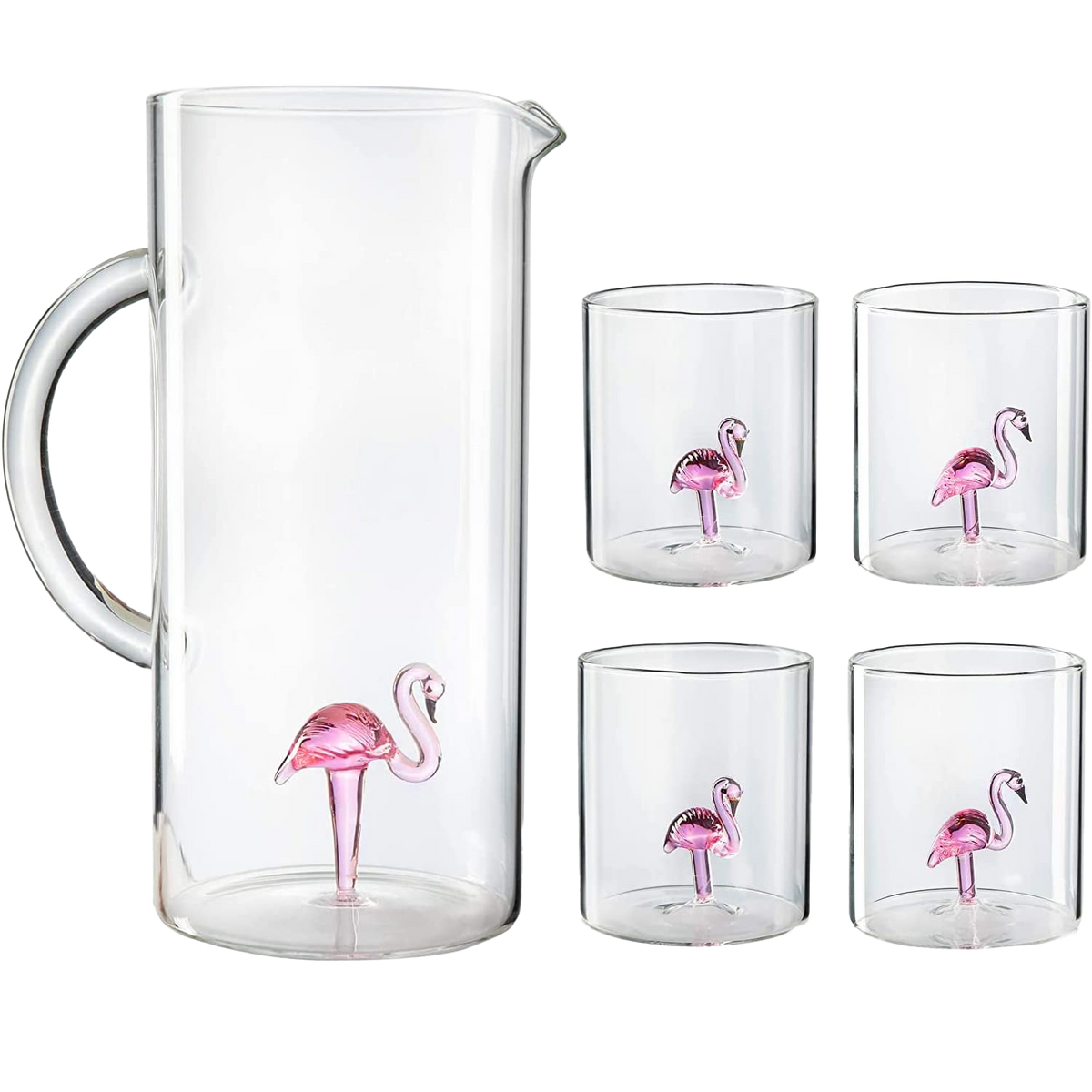 The Wine Savant Flamingo Pitcher & 4 Glasses Set Decanter with 4 Pink
