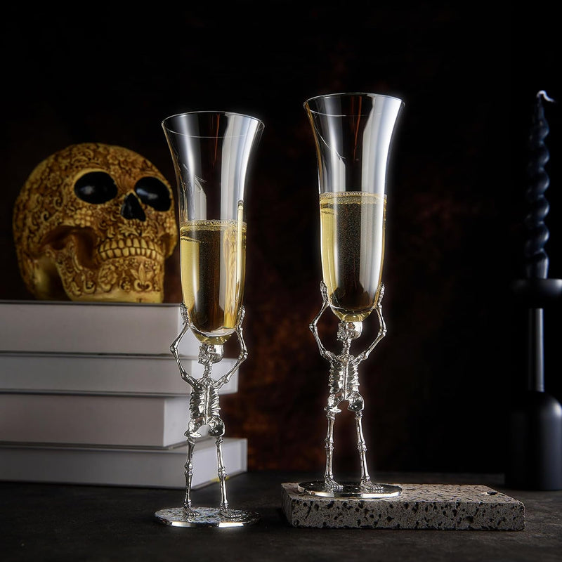 Stemmed Skeleton Champagne Flute Glass | Set of 2 | 7.5oz Halloween Sk ...