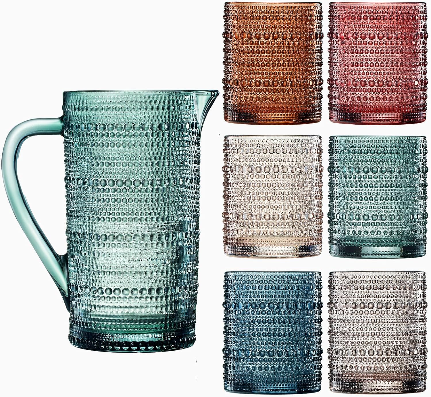 Hobnail Beaded Pitcher & Tumbler Glasses Set | Set of 6 Glasses & Cara ...