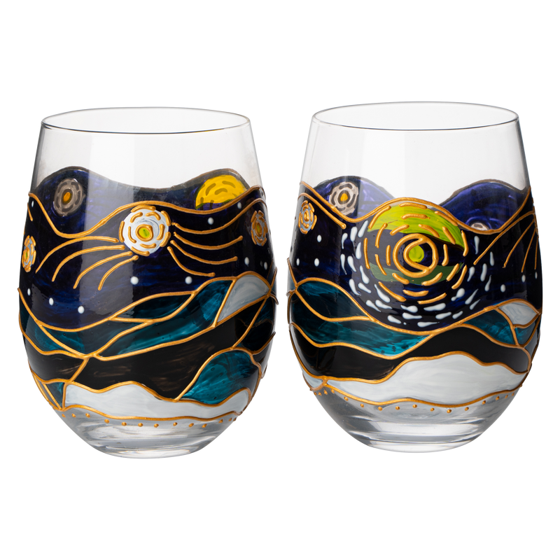Vincent Van Gogh Wine Glasses Artisanal Hand Painted Stemless Set of 2 ...