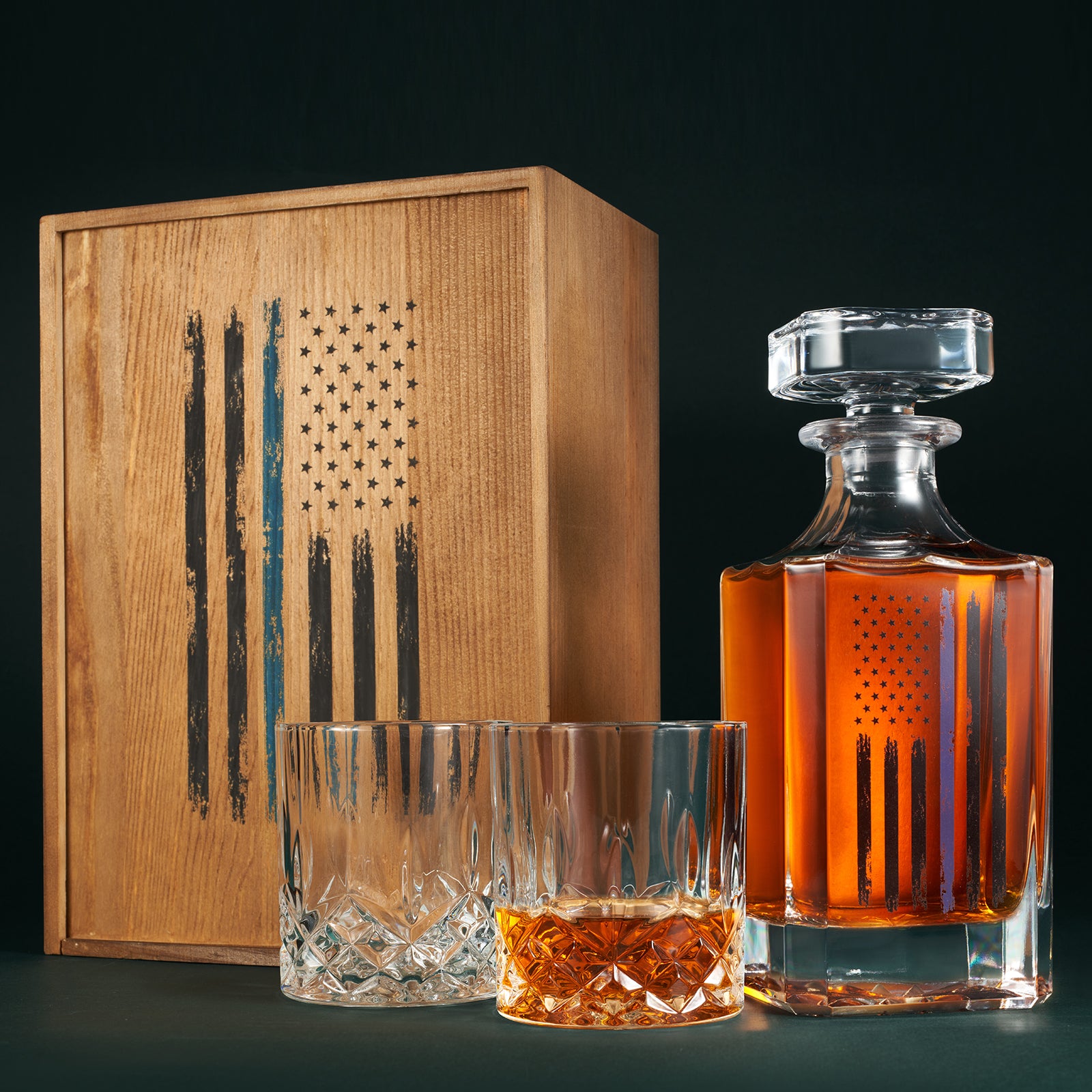 Police Tactical Blue Tattered American Flag Whiskey Decanter Gift Set ...