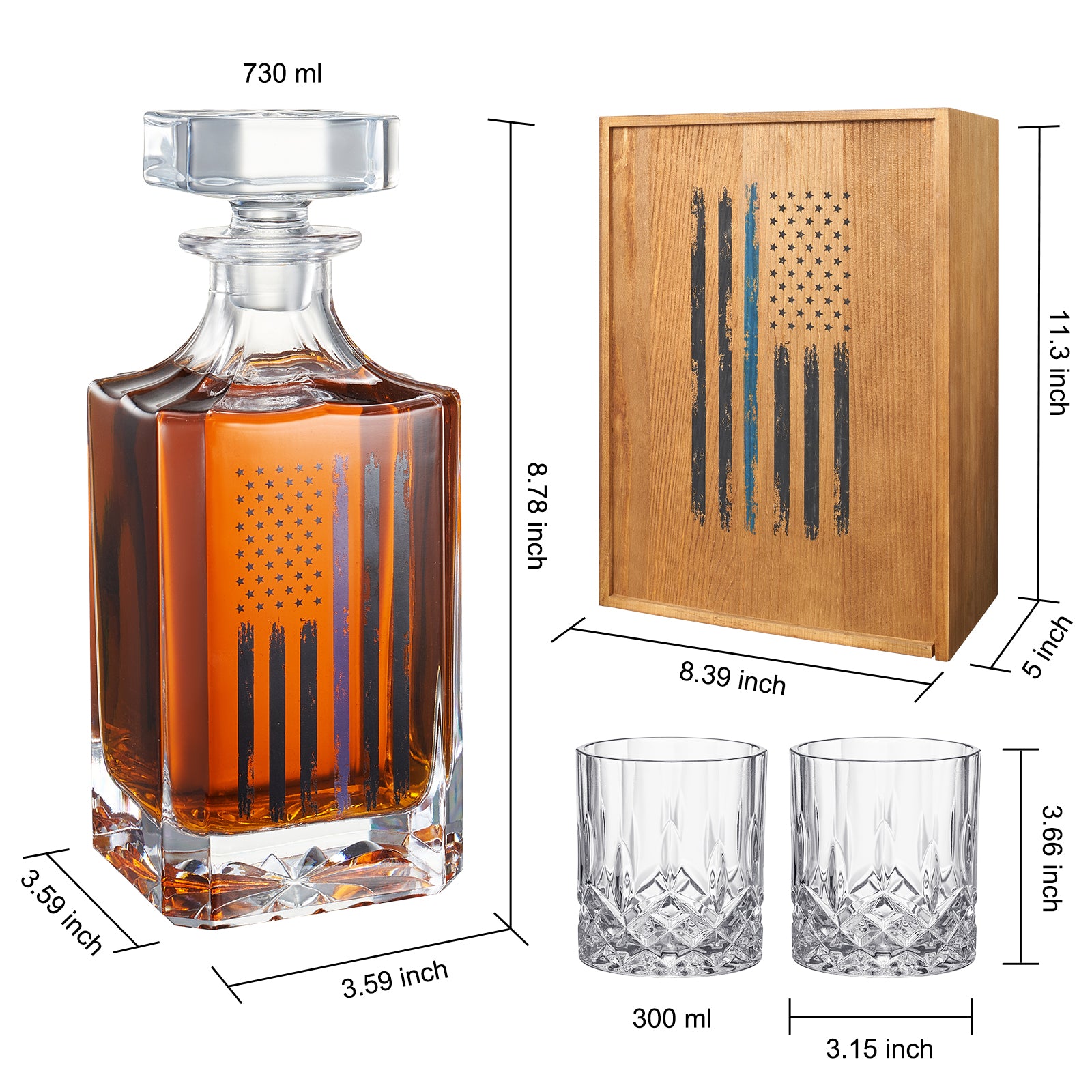 Police Tactical Blue Tattered American Flag Whiskey Decanter Gift Set ...