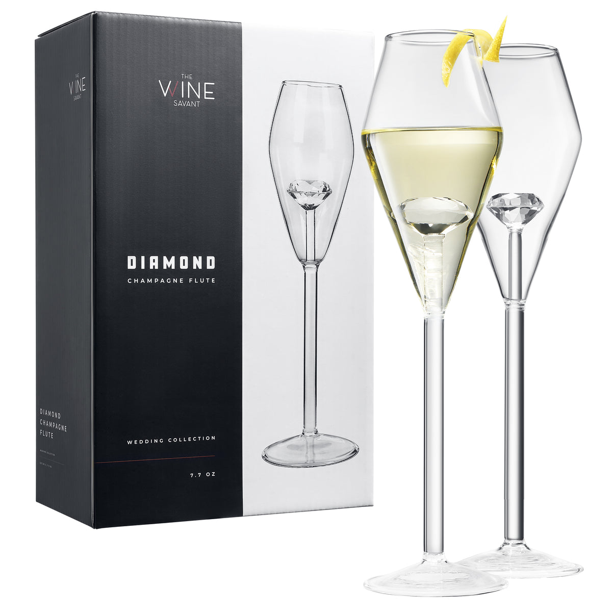 Champagne Flute Glassware | Set of 2, 7.8 OZ | Diamond Stemmed Glass ...
