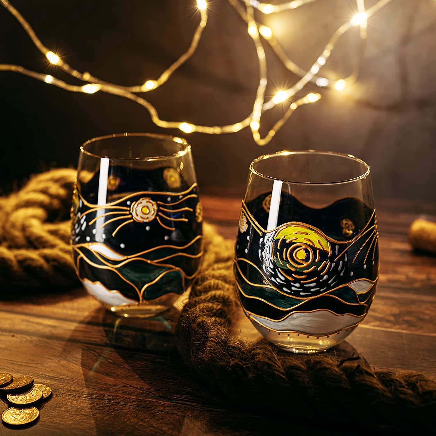 Vincent Van Gogh Wine Glasses Artisanal Hand Painted Stemless Set of 2 ...