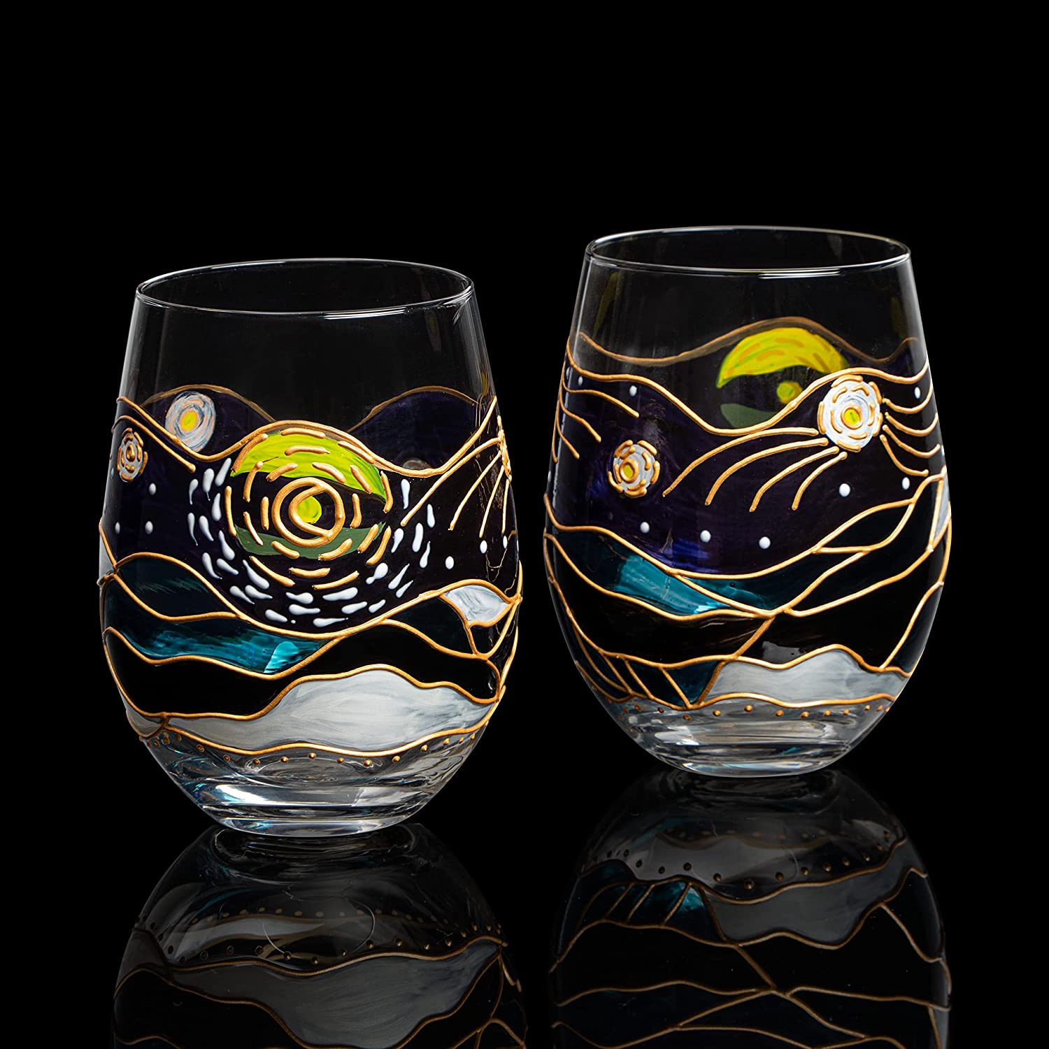 Vincent Van Gogh Wine Glasses Artisanal Hand Painted Stemless Set of 2 ...